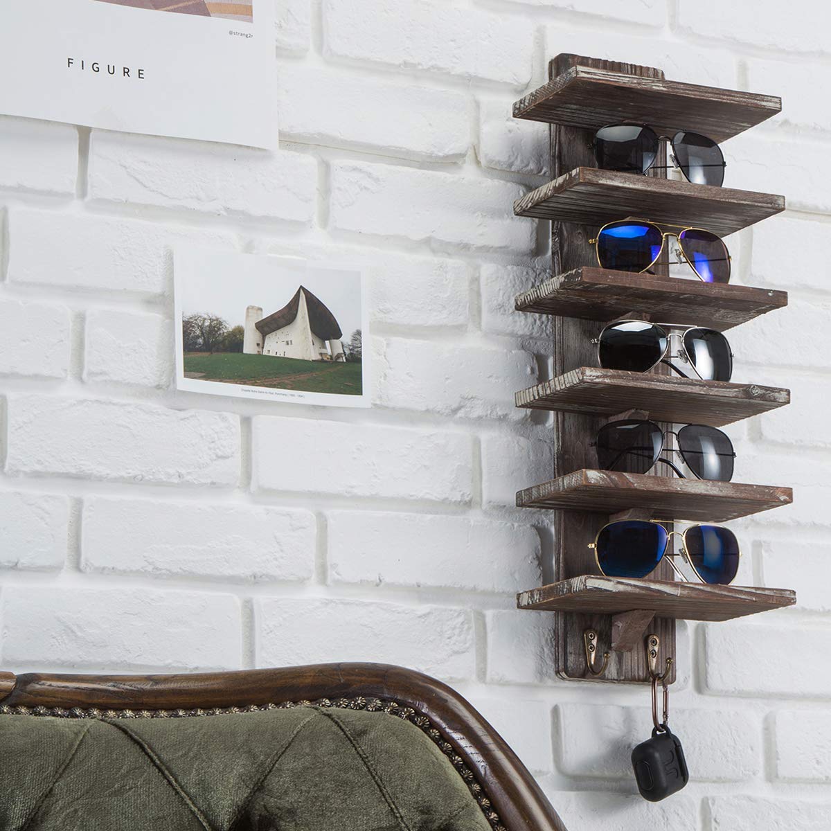 J JACKCUBE DESIGN Rustic Wood Wall Mount Sunglasses Organizer 6 Tiers Rack with 2 Hooks Glasses Storage Box Display Cabinet for Jewelry Watches Key Multiple Case MK551A (Rustic Wood)