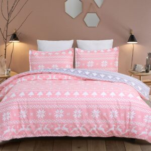 yepins soft brushed microfiber duvet cover set with zipper closure and corner ties, reversible design for christmas holiday, pink and grey color-queen size