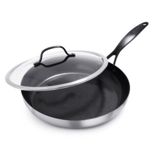 greenpan venice pro noir tri-ply stainless steel healthy ceramic nonstick 12" frying pan skillet with lid, matte black handle, pfas-free, multi clad, induction, dishwasher safe, oven safe, silver