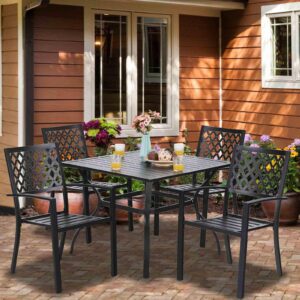 PHI VILLA 5 Piece Metal Patio Dining Set, Outdoor Furniture Set with 4 Stackable Chairs and 37" Square Dining Table - Umbrella Hole 1.57"