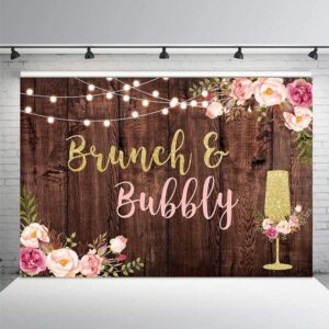 MEHOFOND 7x5ft Brunch and Bubbly Bridal Shower Party Backdrop Studio Photography Rustic Brown Wood Glitter Rose Pink Floral Gold Champagne Background Rustic Wedding Decor Banner Photo Booth