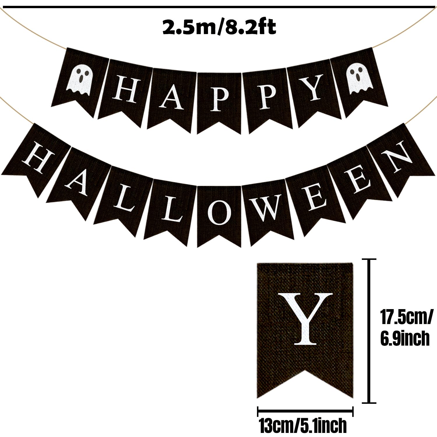 Adurself Happy Halloween Burlap Banner with Ghost Elements Halloween Black White Jute Burlap Garland Mantel Fireplace Wall Hanging for Halloween Party Decor Indoor Outdoor Decorations