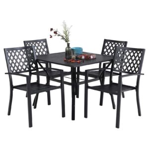 PHI VILLA 5 Piece Metal Patio Dining Set, Outdoor Furniture Set with 4 Stackable Chairs and 37" Square Dining Table - Umbrella Hole 1.57"