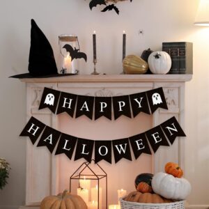 Adurself Happy Halloween Burlap Banner with Ghost Elements Halloween Black White Jute Burlap Garland Mantel Fireplace Wall Hanging for Halloween Party Decor Indoor Outdoor Decorations