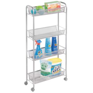 mdesign slim steel metal rolling utility cart storage organizer trolley with 4 basket shelves for laundry room, kitchen, bathroom organization - narrow holder for detergent - biro collection, silver