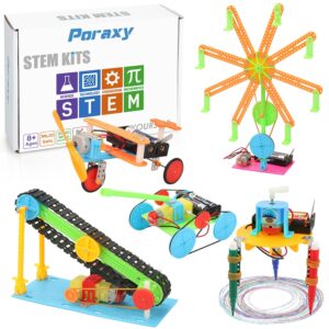 poraxy 5 set stem science kits for kids age 8-12, dc motors electronic assembly robotic stem toys for age s 8-13, building experiments projects kits, gifts for boys and girls ages 6 7 8 9 10 11 12 13