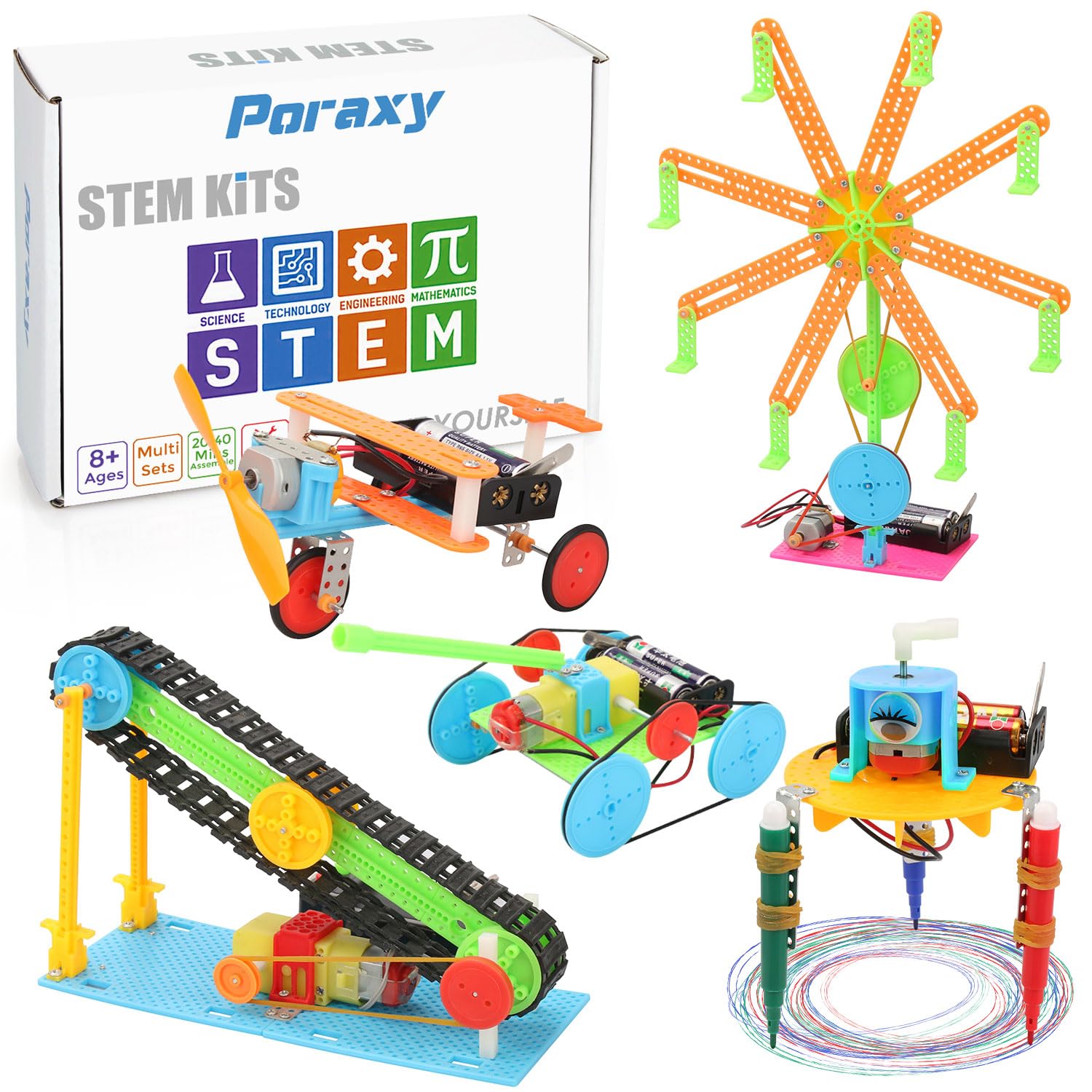 Poraxy 5 Set STEM Science Kits for Kids Age 8-12, DC Motors Electronic Assembly Robotic STEM Toys for Age s 8-13, Building Experiments Projects Kits, Gifts for Boys and Girls Ages 6 7 8 9 10 11 12 13