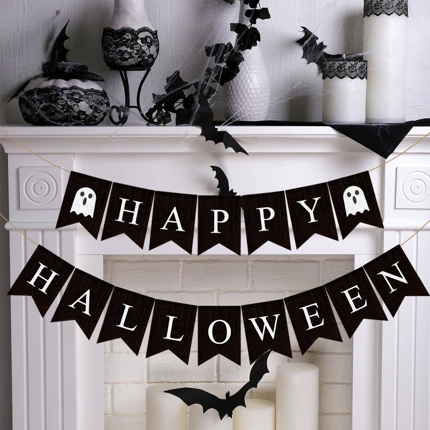 Adurself Happy Halloween Burlap Banner with Ghost Elements Halloween Black White Jute Burlap Garland Mantel Fireplace Wall Hanging for Halloween Party Decor Indoor Outdoor Decorations