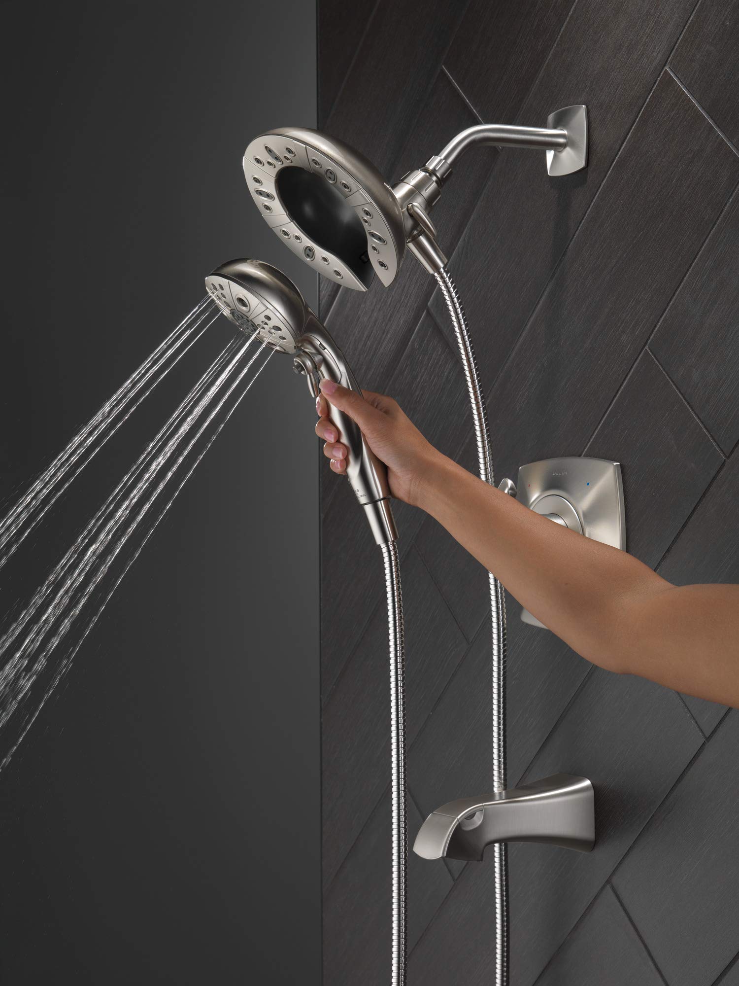 Delta Faucet Vesna 14 Series Single-Handle Shower Trim Kit with 5-Spray H2Okinetic In2ition Dual Hand Held Shower Head with Hose, SpotShield Brushed Nickel 144789-SP-I (Valve Included)