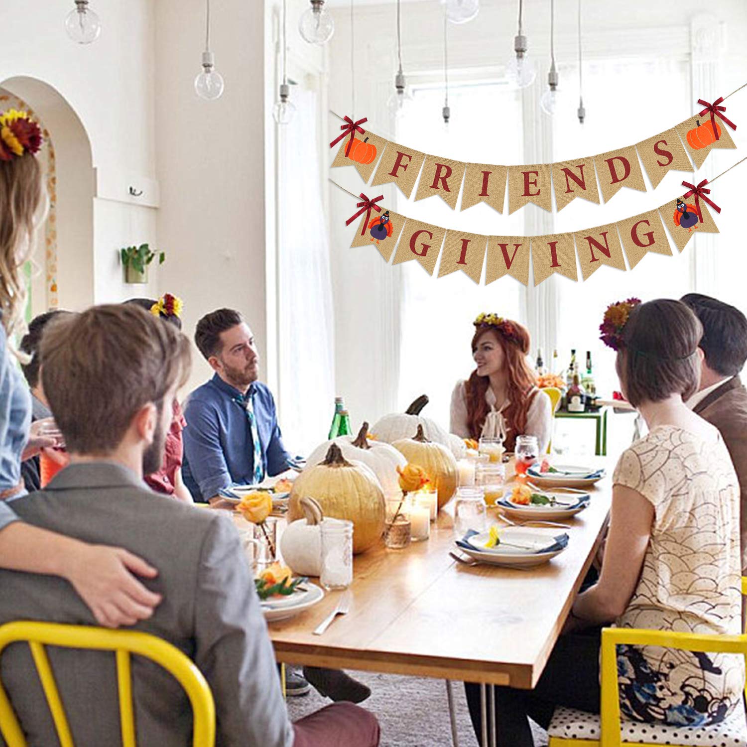 Friendsgiving Banner Burlap | Thanksgiving Decorations | ThanksGiving Burlap Banner | Rustic Thanksgiving Friends Giving Turkey Pumpkin Bunting | Thanksgiving Party Supplies Fireplace Mantle Decor