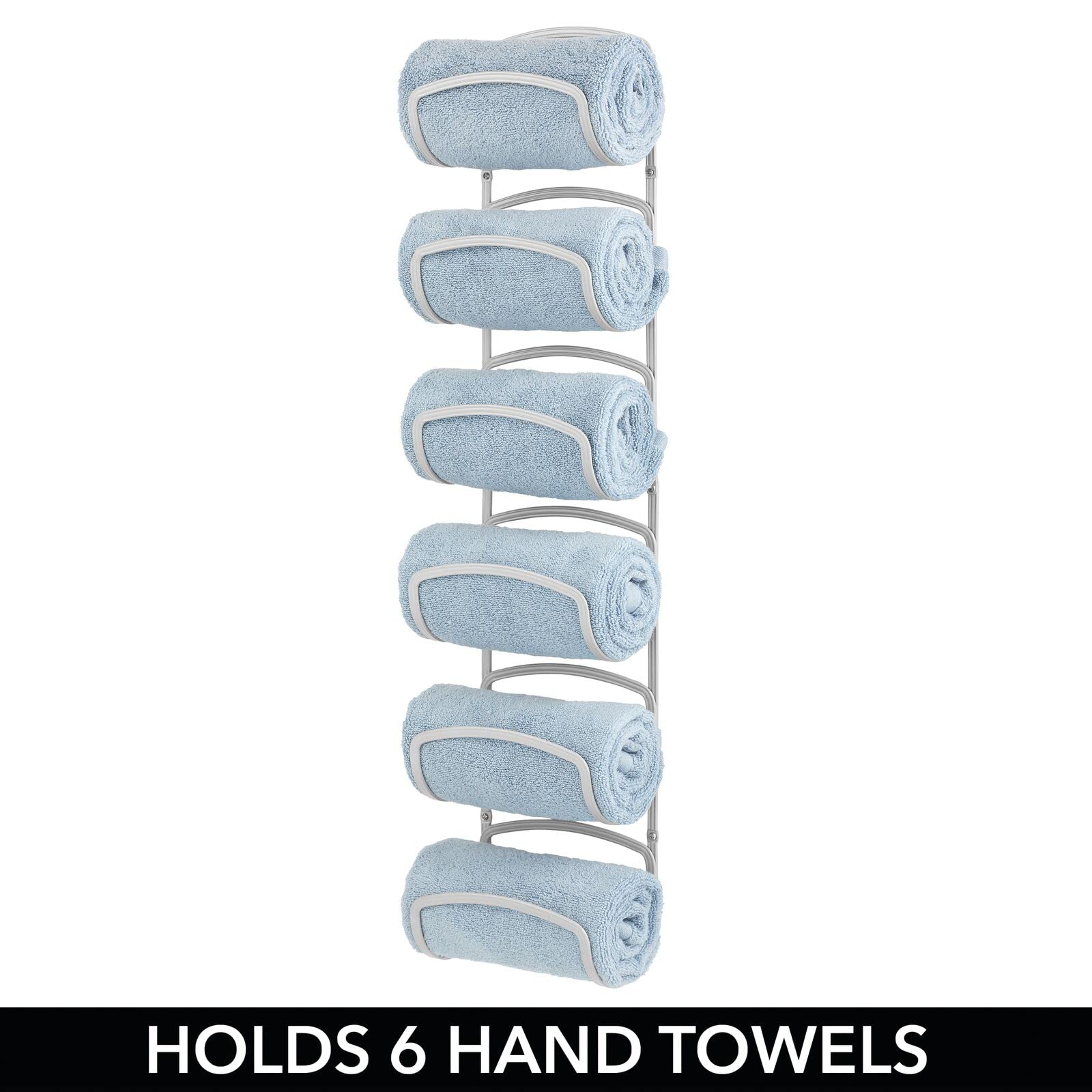 mDesign Steel Towel Holder for Bathroom Wall - Wall Mounted Organizer for Rolled Towels and Bath Robes - Six Level Wall Mount Towel Storage Rack - Bathroom Towel Organizer - Hyde Collection - Stone