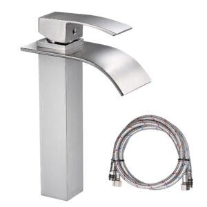 aquaterior waterfall spout single handle bathroom vessel sink faucet with mixer tap one hole tall bath rv faucet brushed nickel(cupc nsf cec)