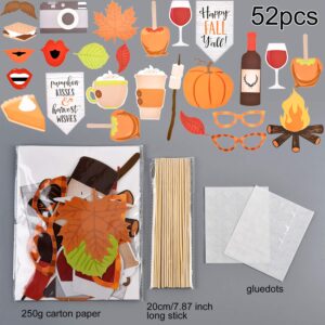 52 Pieces Happy Fall Yall Photo Booth Props Kit Thanksgiving Day Harvest Festival Pumpkin Party DIY Costumes Props with Wooden Sticks for Party Decorations