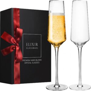 champagne flutes - 8 oz - set of 2 crystal glass flutes, hand blown edge champagne glasses - prosecco wine flute, cocktail glasses, mimosa glasses, champagne flutes glass, bar glassware