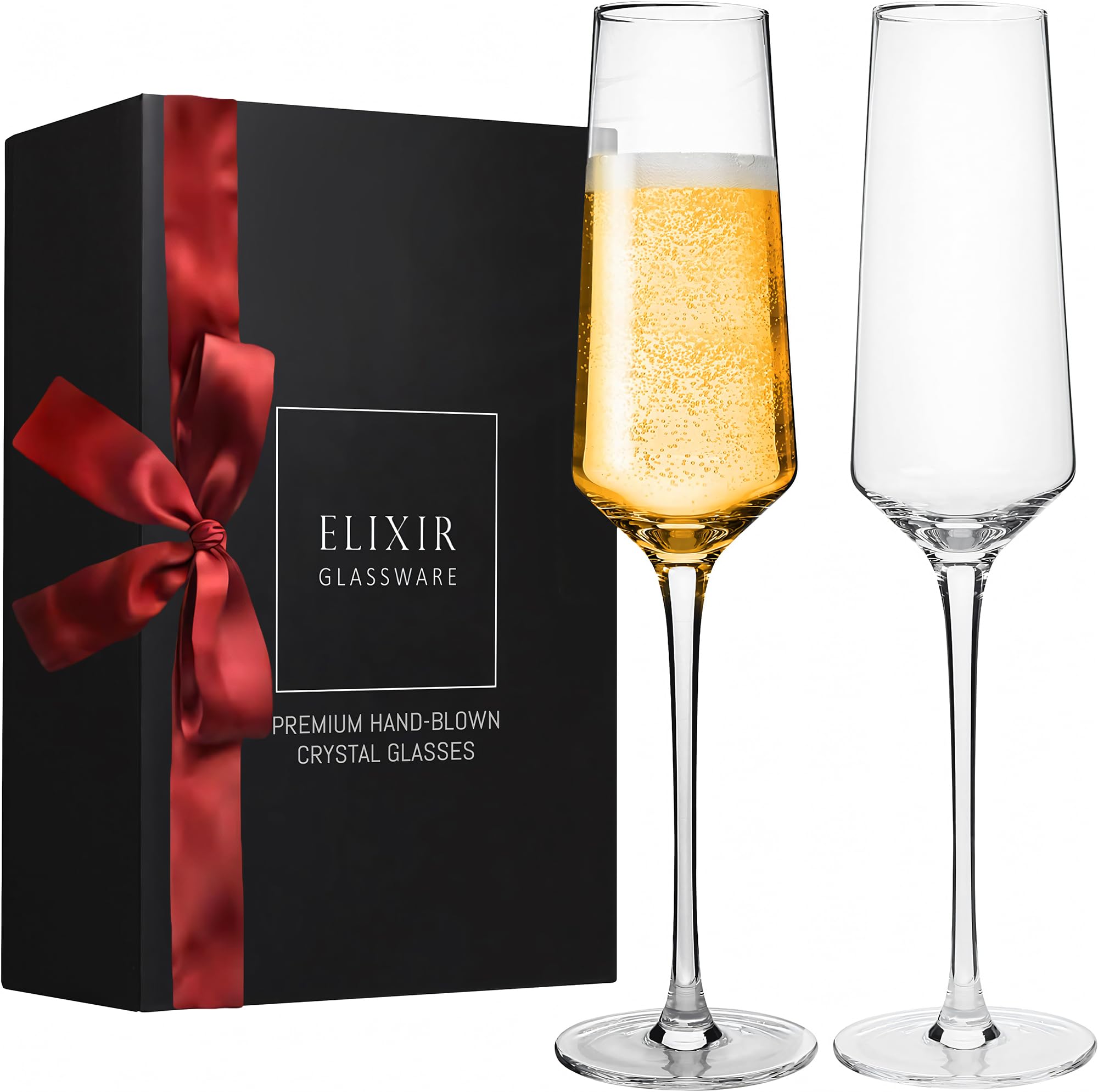 Champagne Flutes - 8 oz - Set of 2 Crystal Glass Flutes, Hand Blown Edge Champagne Glasses - Prosecco Wine Flute, Cocktail Glasses, Mimosa Glasses, Champagne Flutes Glass, Bar Glassware