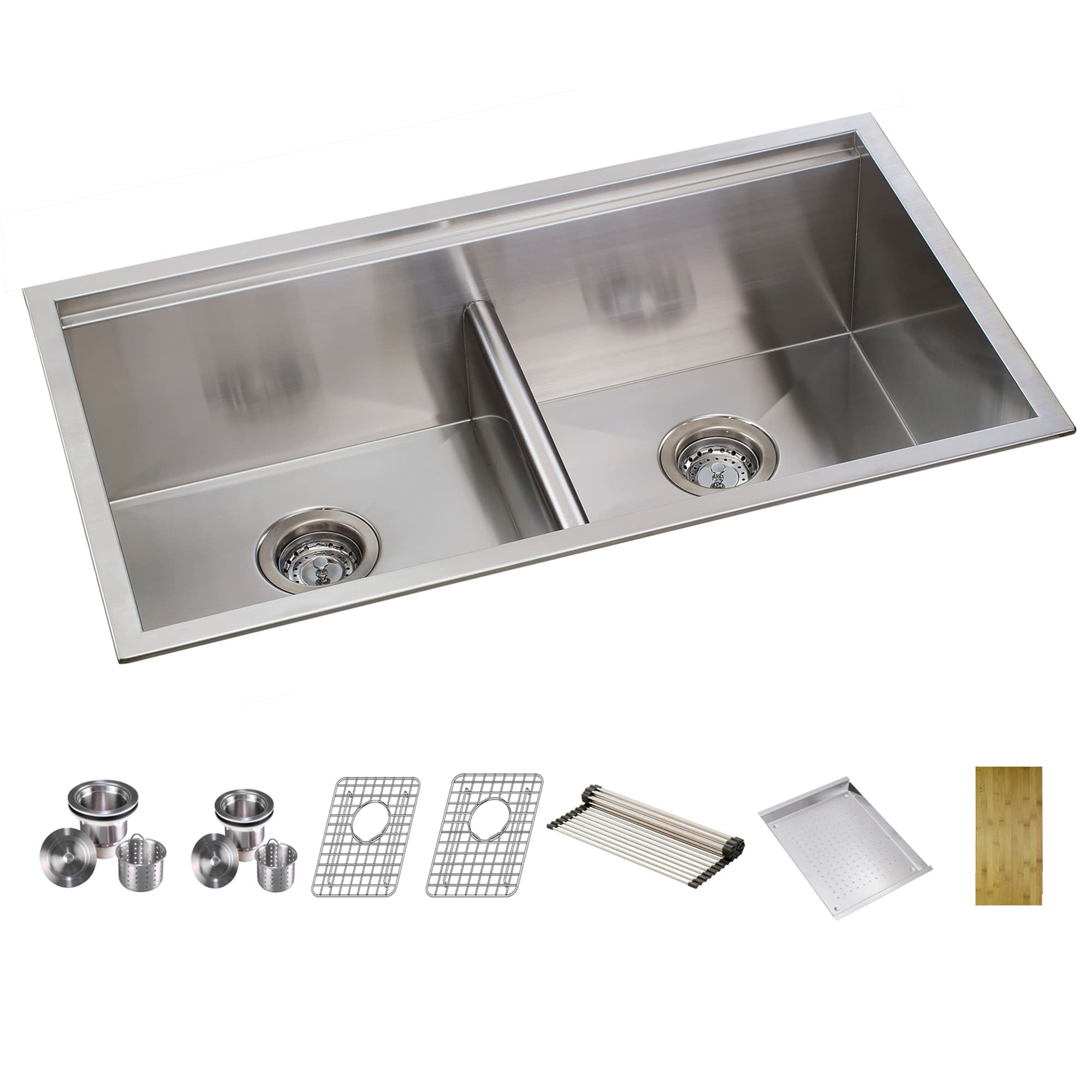 KABCO 32 Inch Workstation Kitchen Sink Stainless Steel Undermount Double Bowl Zero Radius Sound and Heatproof Ledge Design Sink 32" X 19" X 10"