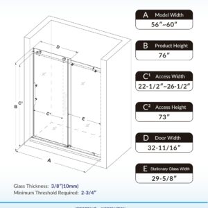 WOODBRIDGE Frameless Sliding Shower, 56"-60" Width, 76" Height, 3/8" (10 mm) Clear Tempered Glass, Black Finish, Designed for Smooth Door Closing. MBSDC6076-MBL, 60"x 76" Matte Black