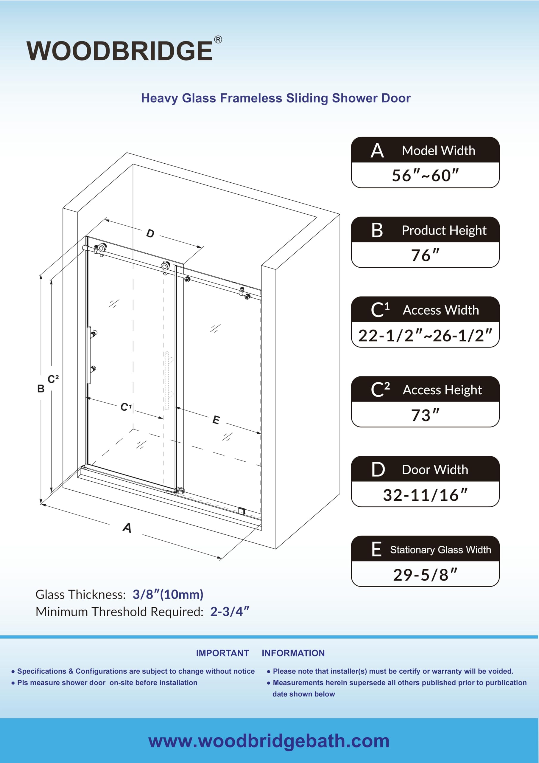 WOODBRIDGE Frameless Sliding Shower, 56"-60" Width, 76" Height, 3/8" (10 mm) Clear Tempered Glass, Black Finish, Designed for Smooth Door Closing. MBSDC6076-MBL, 60"x 76" Matte Black