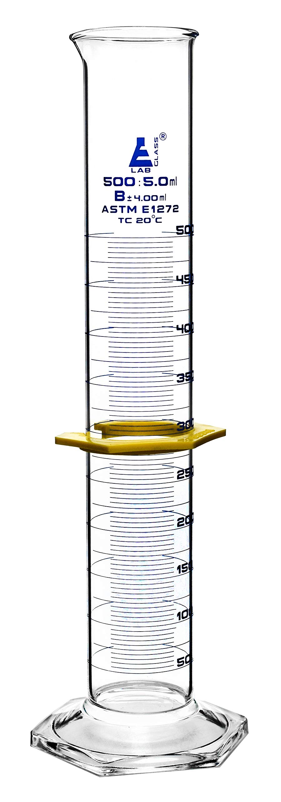 EISCO Graduated Cylinder, 500mL - ASTM, Class B Tolerance ±4.00mL - Protective Collar, Hexagonal Base - Blue Graduations - Borosilicate 3.3 Glass