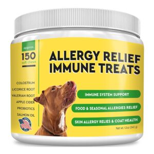 pawfectchew allergy relief for dogs (150 immune chews) - immunity supplement with omega 3 salmon fish oil, colostrum, digestive prebiotics & probiotics - anti itch & skin hot spots - made in usa