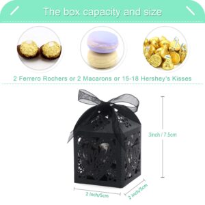 COTOPHER Laser Cut Boxes, 100pcs Thank You Gift Boxes Wedding Party Favor Boxes Lace Candy Boxes for Wedding Baby Shower Birthday Party Decorations with Ribbons (2x2x2.75inch, Black, 100)