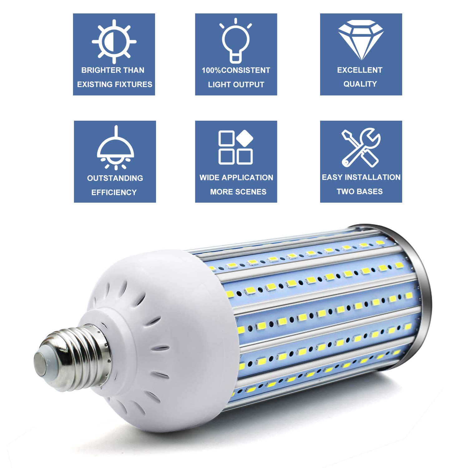 YGS-Tech Super Bright 60W (500W Equivalent 5500Lumen) LED Corn Light Bulb, E26/E27 Medium Base, 6500K Daylight White, for Indoor Large Area Lighting, Garage Factory Warehouse Backyard, Basement.