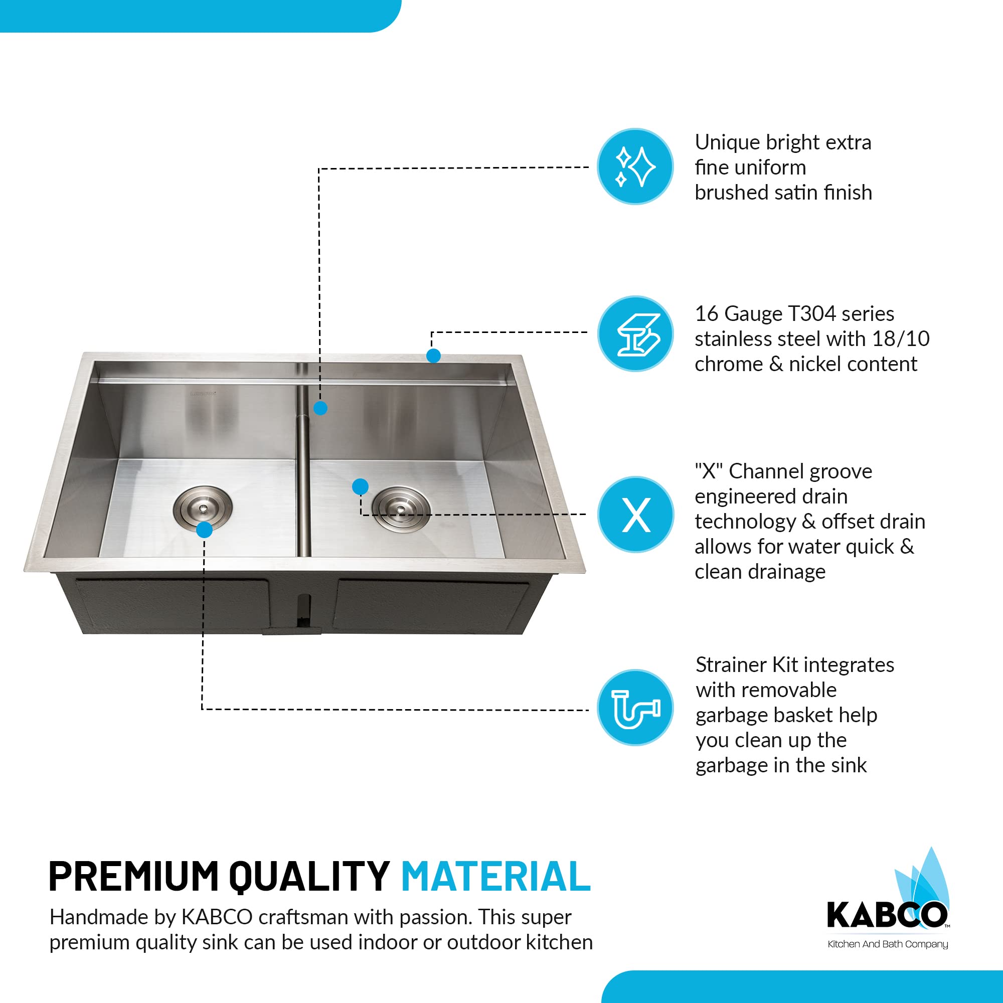 KABCO 32 Inch Workstation Kitchen Sink Stainless Steel Undermount Double Bowl Zero Radius Sound and Heatproof Ledge Design Sink 32" X 19" X 10"