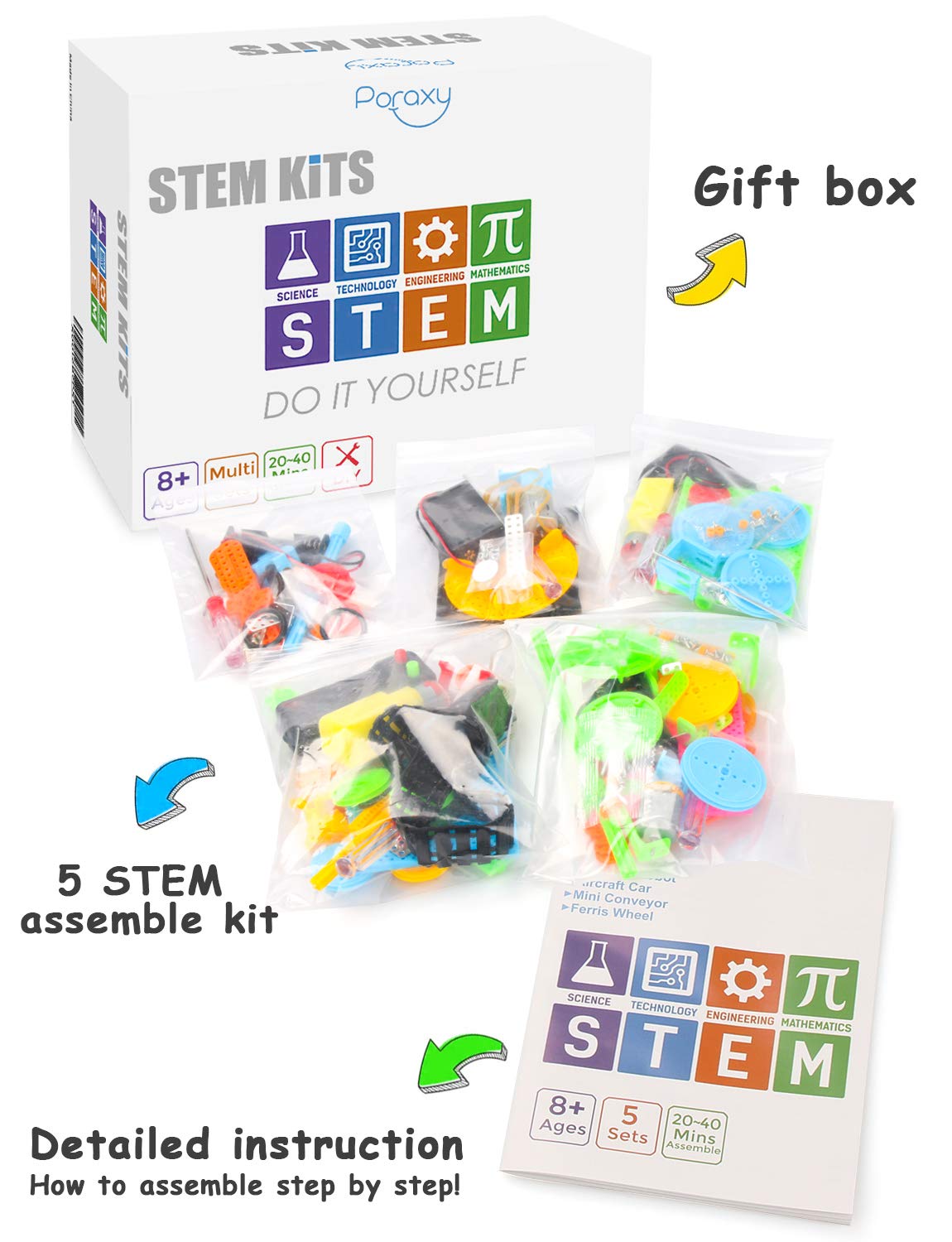 Poraxy 5 Set STEM Science Kits for Kids Age 8-12, DC Motors Electronic Assembly Robotic STEM Toys for Age s 8-13, Building Experiments Projects Kits, Gifts for Boys and Girls Ages 6 7 8 9 10 11 12 13