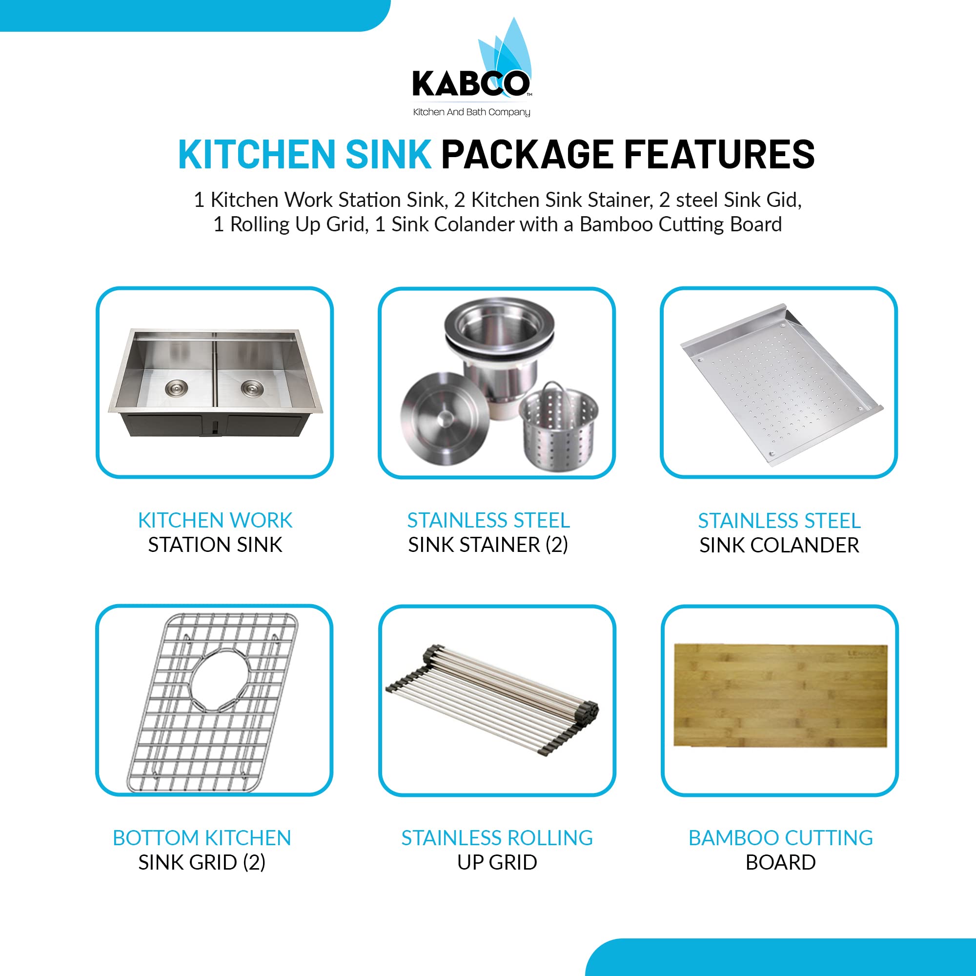 KABCO 32 Inch Workstation Kitchen Sink Stainless Steel Undermount Double Bowl Zero Radius Sound and Heatproof Ledge Design Sink 32" X 19" X 10"