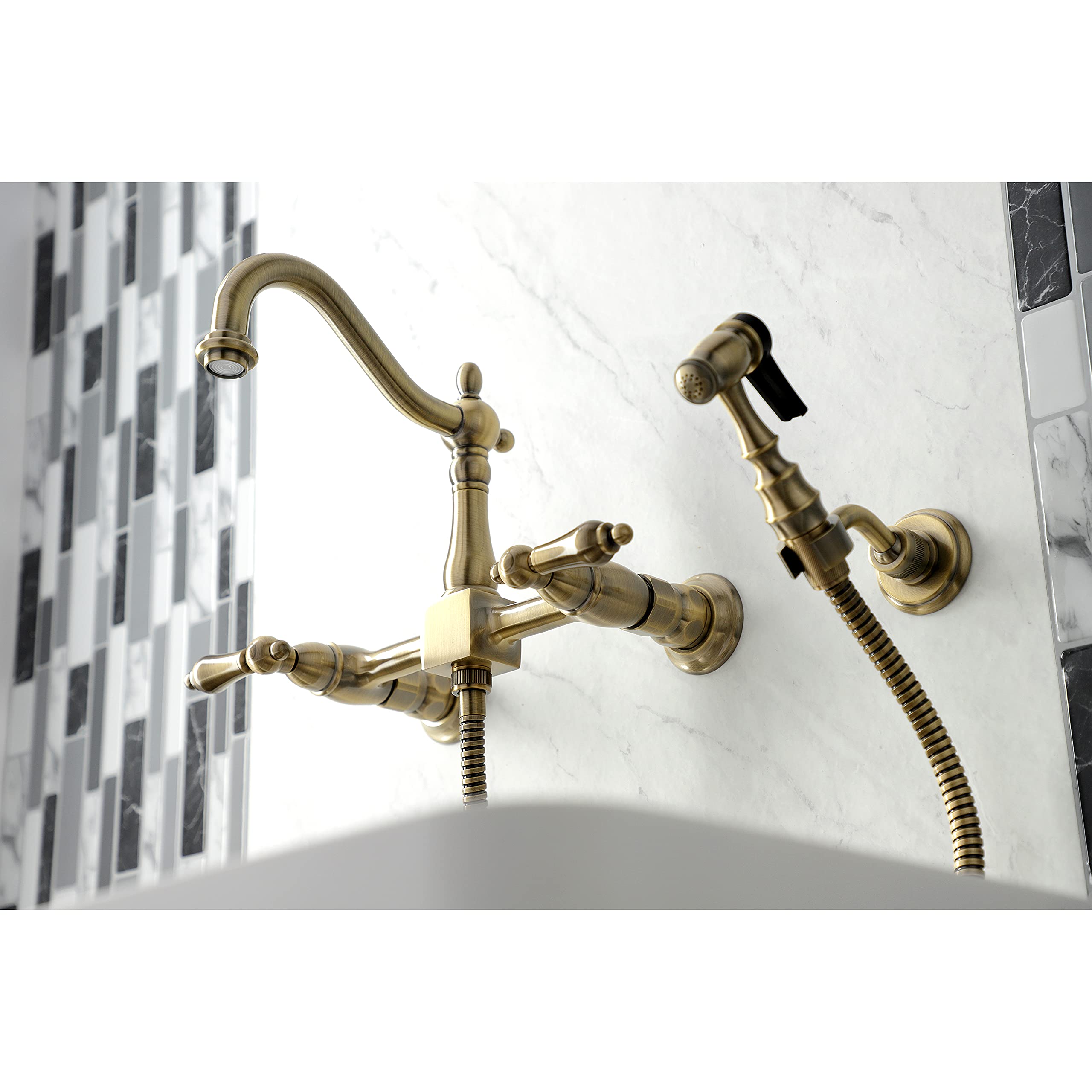 Kingston Brass KS1263ALBS Heritage Bridge Kitchen Faucet, Antique Brass