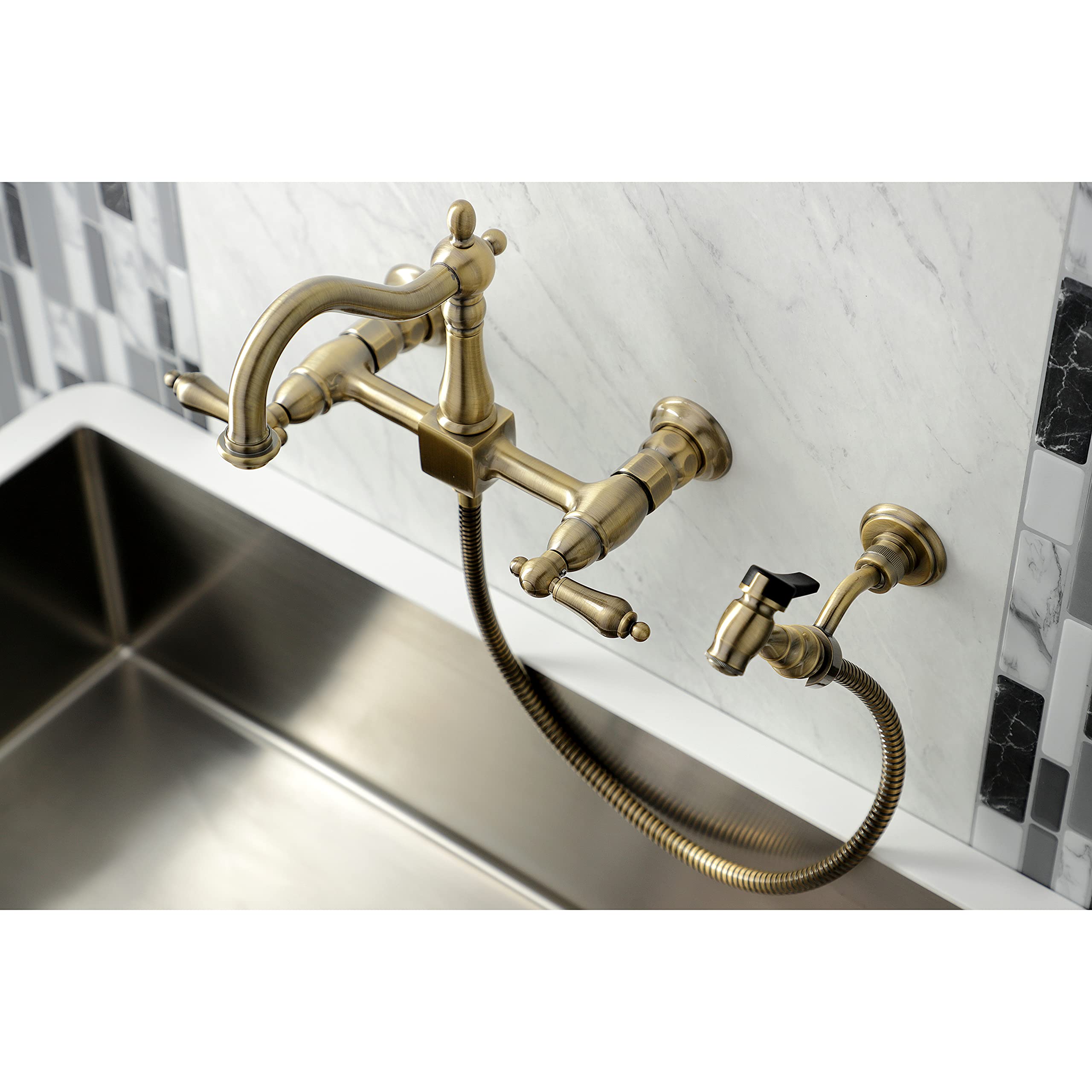 Kingston Brass KS1263ALBS Heritage Bridge Kitchen Faucet, Antique Brass