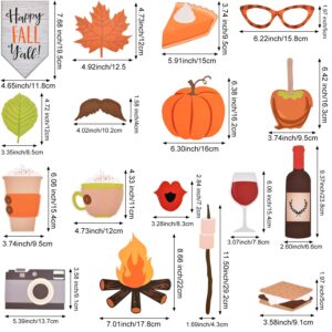 52 Pieces Happy Fall Yall Photo Booth Props Kit Thanksgiving Day Harvest Festival Pumpkin Party DIY Costumes Props with Wooden Sticks for Party Decorations