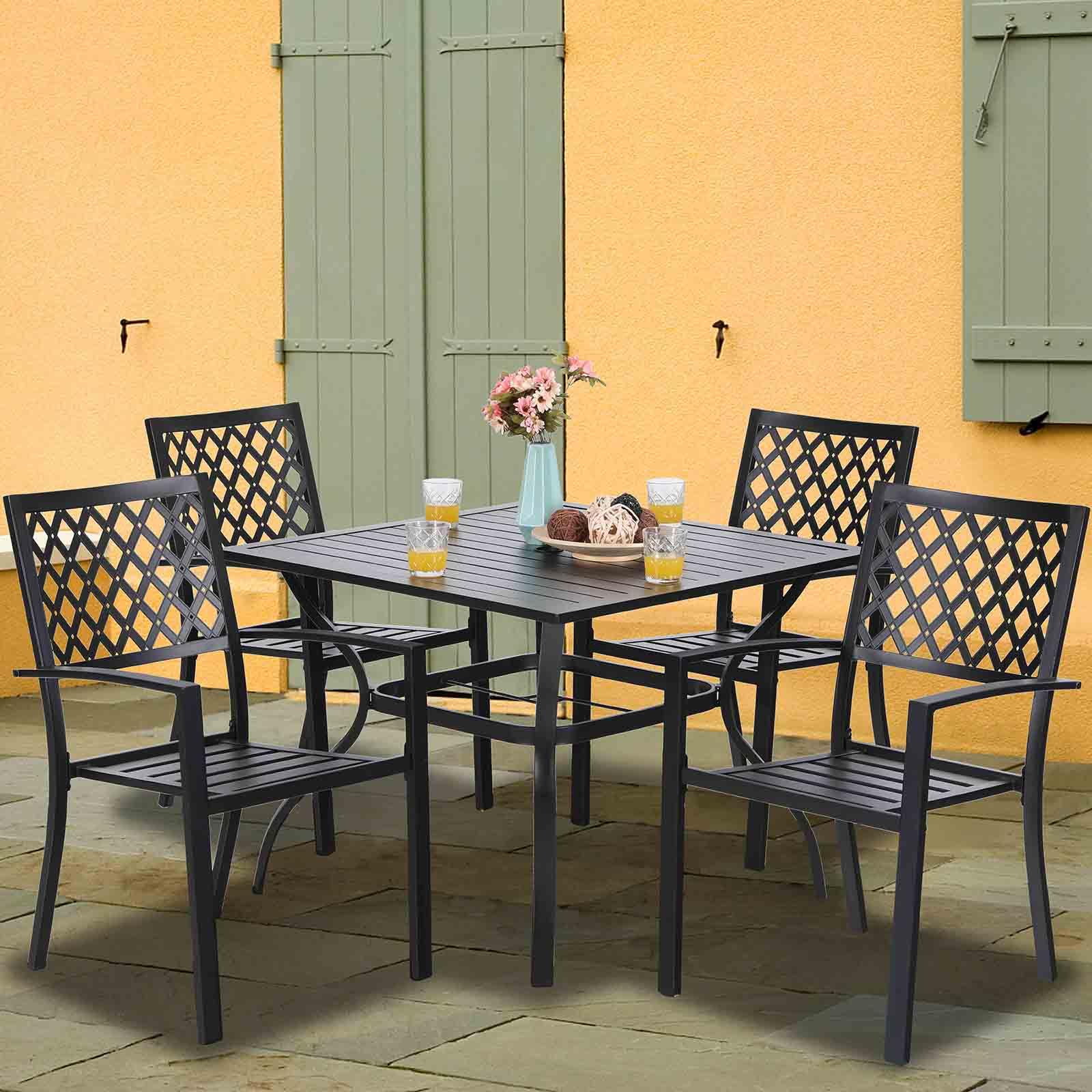 PHI VILLA 5 Piece Metal Patio Dining Set, Outdoor Furniture Set with 4 Stackable Chairs and 37" Square Dining Table - Umbrella Hole 1.57"