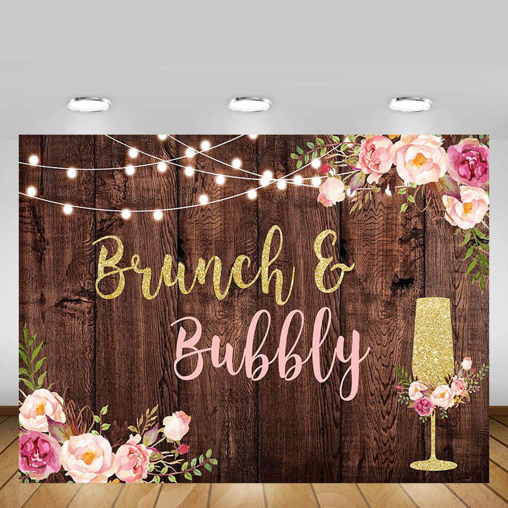 MEHOFOND 7x5ft Brunch and Bubbly Bridal Shower Party Backdrop Studio Photography Rustic Brown Wood Glitter Rose Pink Floral Gold Champagne Background Rustic Wedding Decor Banner Photo Booth