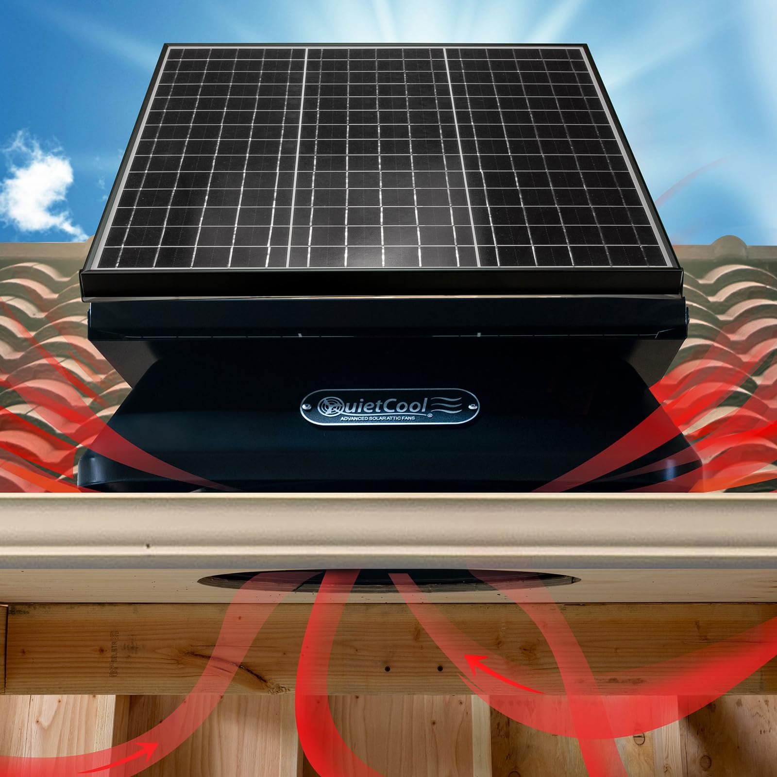 QuietCool AFR SLR-40 Roof Mount Solar Attic Fan - 40 Watt Adjustable Panel - Included AC/DC Inverter for 24/7 Runtime - Thermostat Controlled