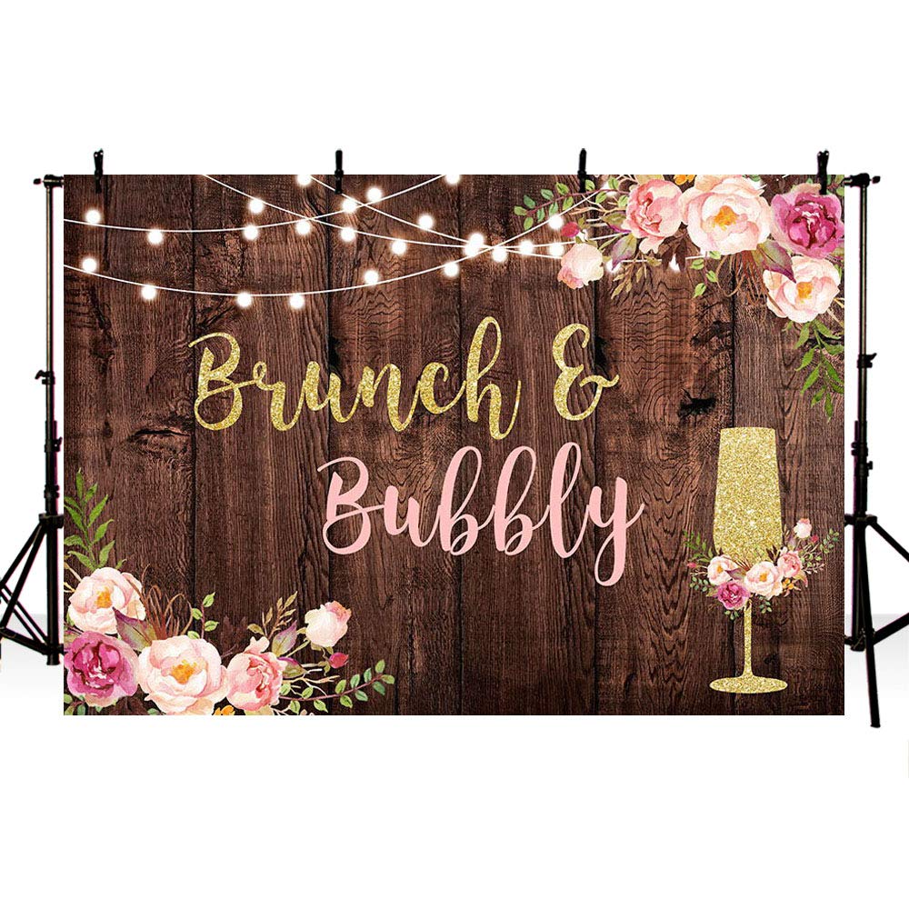 MEHOFOND 7x5ft Brunch and Bubbly Bridal Shower Party Backdrop Studio Photography Rustic Brown Wood Glitter Rose Pink Floral Gold Champagne Background Rustic Wedding Decor Banner Photo Booth