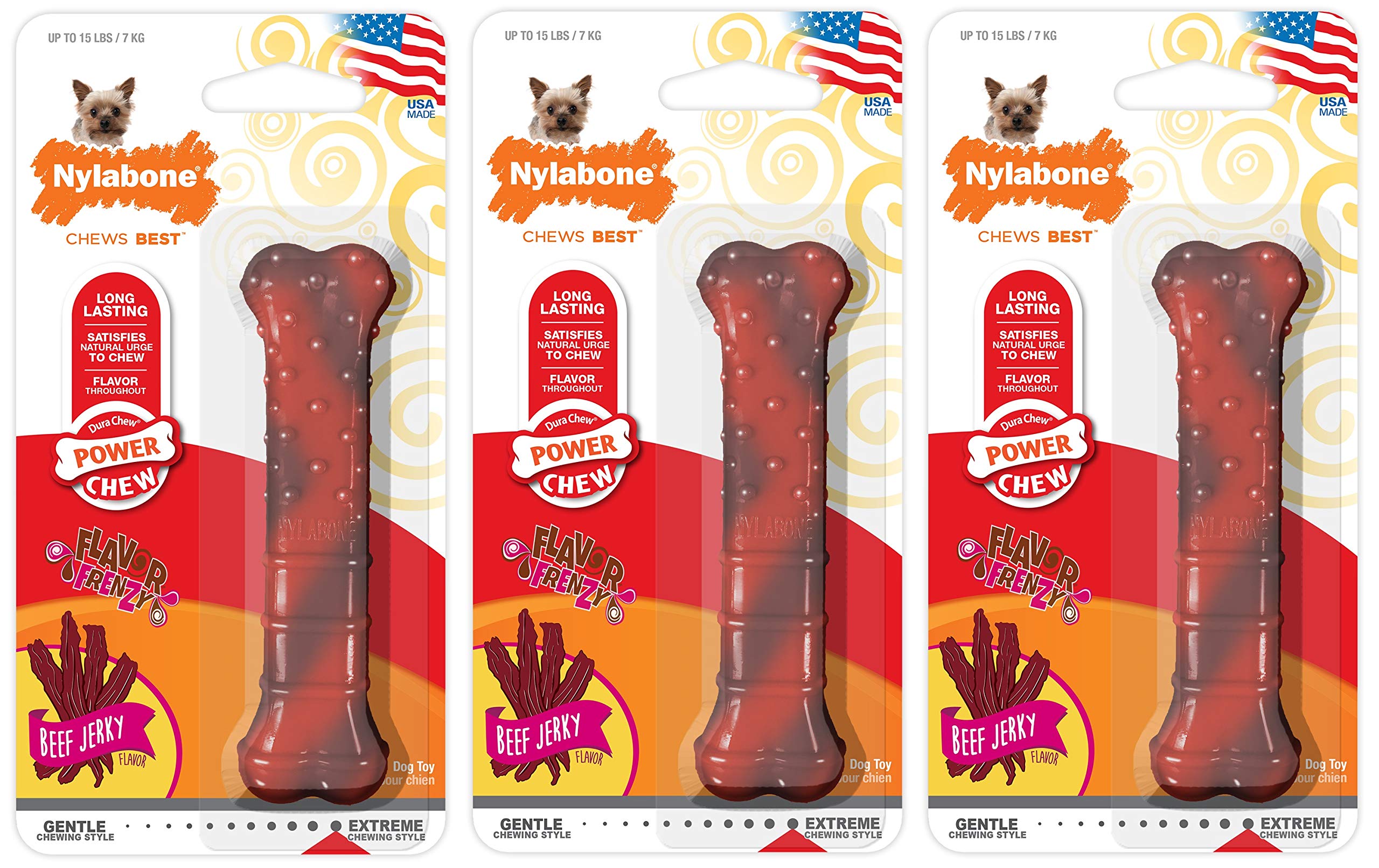 Nylabone 3 Pack of Power Chew Textured Chew Toys, Petite, Beef Jerky Flavor Bone for Dogs Up to 15 Pounds, Made in The USA