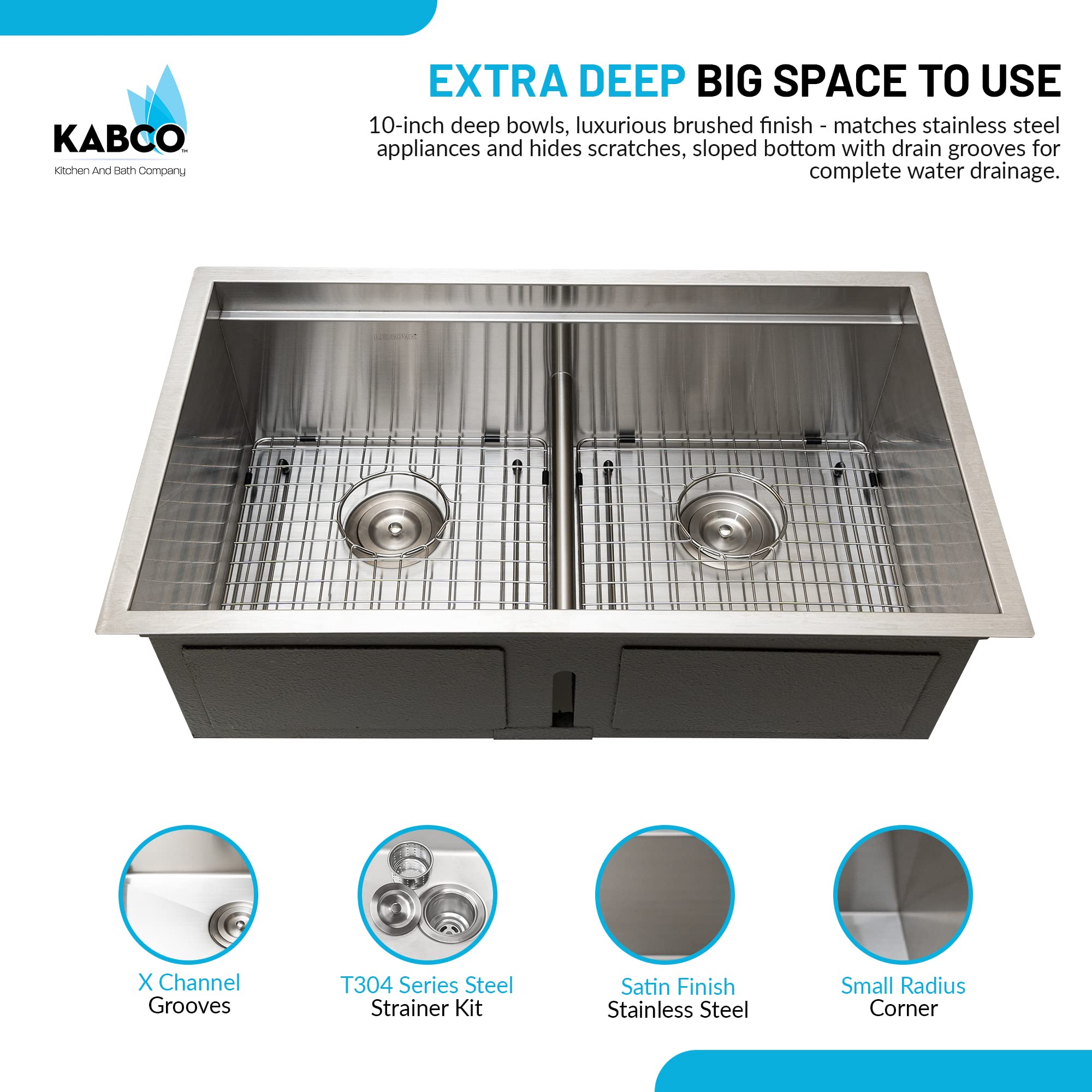 KABCO 32 Inch Workstation Kitchen Sink Stainless Steel Undermount Double Bowl Zero Radius Sound and Heatproof Ledge Design Sink 32" X 19" X 10"