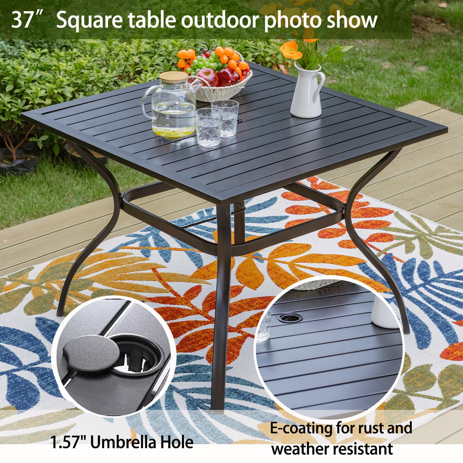 PHI VILLA 5 Piece Metal Patio Dining Set, Outdoor Furniture Set with 4 Stackable Chairs and 37" Square Dining Table - Umbrella Hole 1.57"