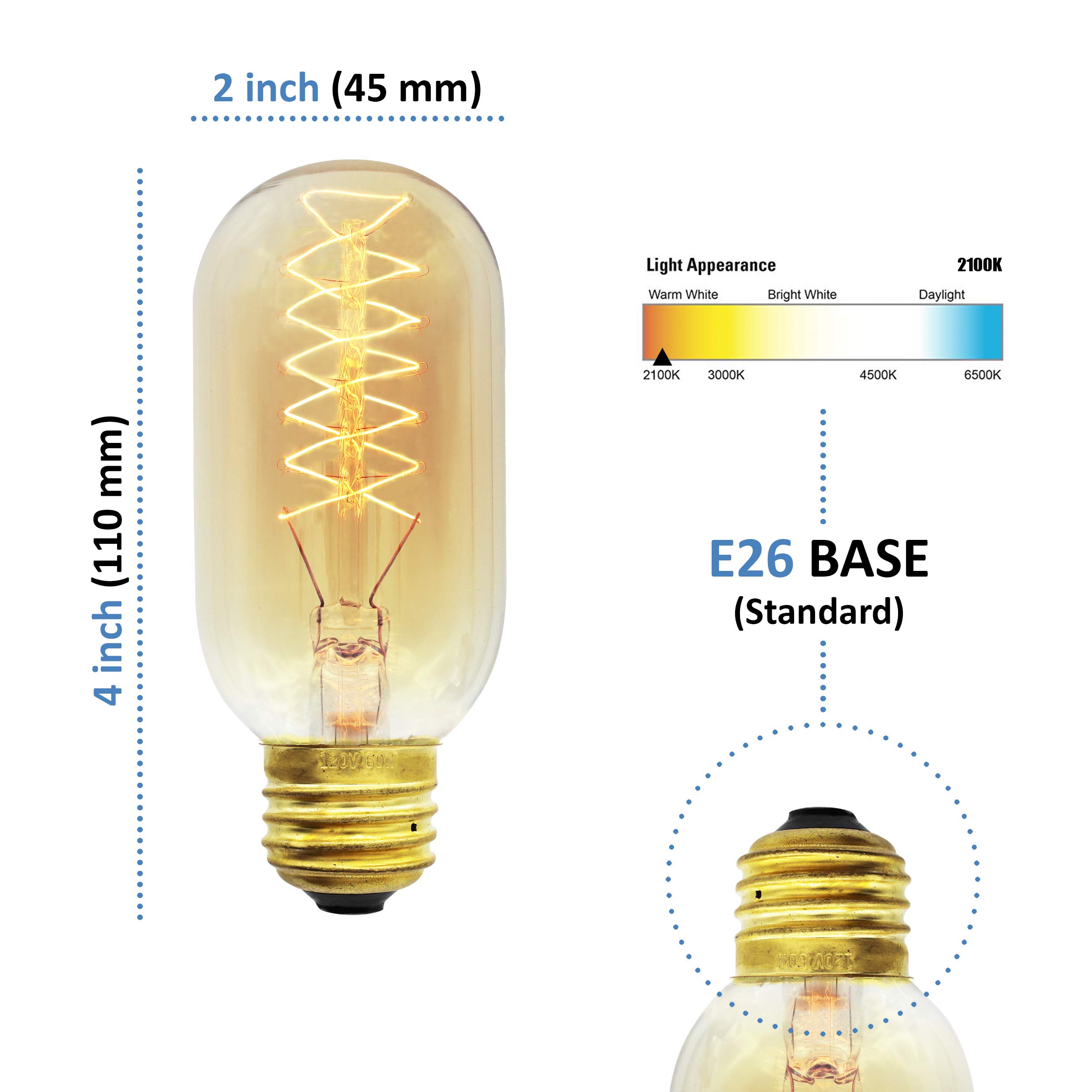 Vintage Edison Bulb, T45 Tubular Radio Spiral, 60w, Medium E26 Base, 2-Pack