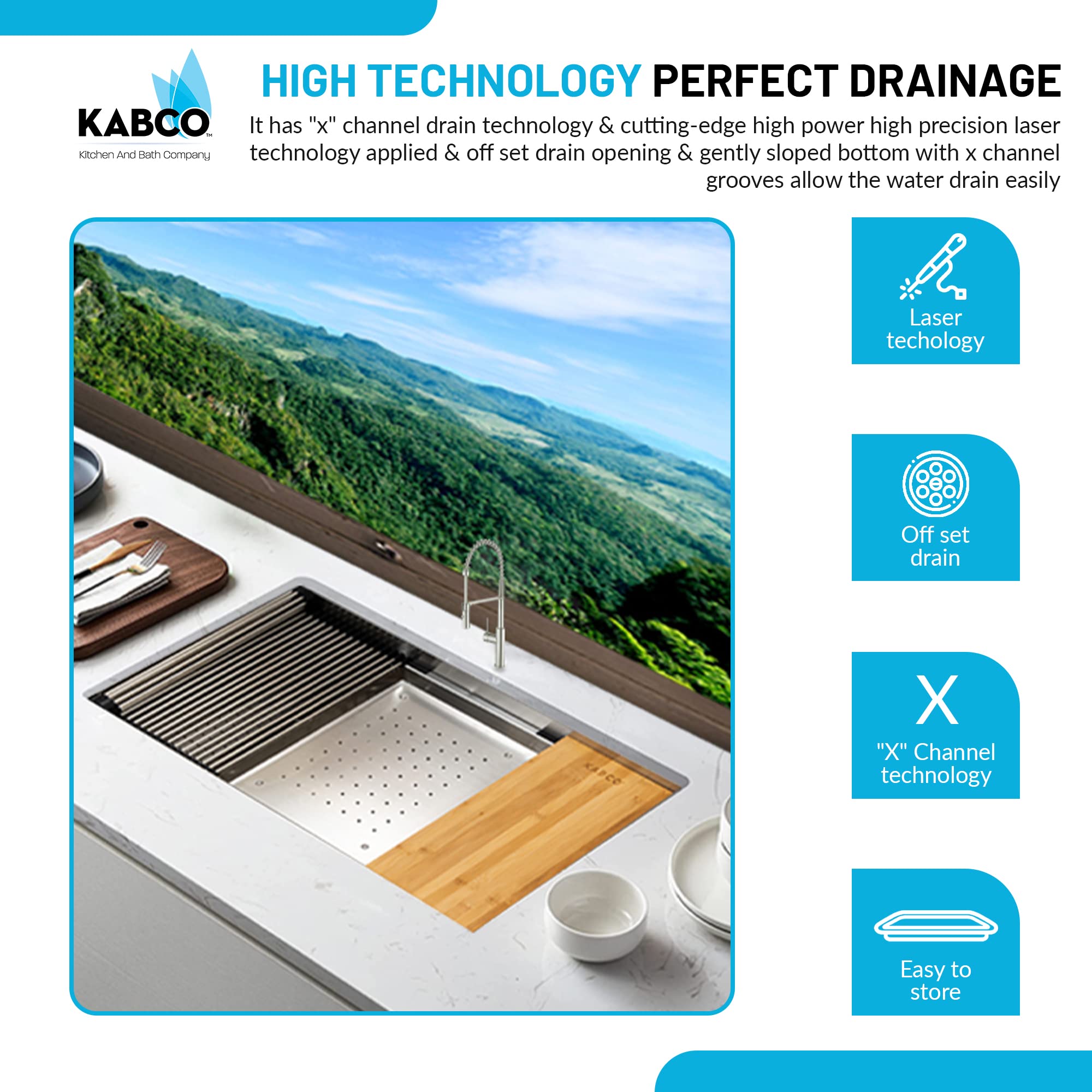 KABCO 32 Inch Workstation Kitchen Sink Stainless Steel Undermount Double Bowl Zero Radius Sound and Heatproof Ledge Design Sink 32" X 19" X 10"