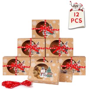 ourwarm 12pcs christmas cookie gift boxes treat boxes for holiday gift giving and christmas party supplies, christmas kraft paper food bakery boxes with clear window, oilpaper and ribbons