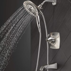 Delta Faucet Vesna 14 Series Single-Handle Shower Trim Kit with 5-Spray H2Okinetic In2ition Dual Hand Held Shower Head with Hose, SpotShield Brushed Nickel 144789-SP-I (Valve Included)