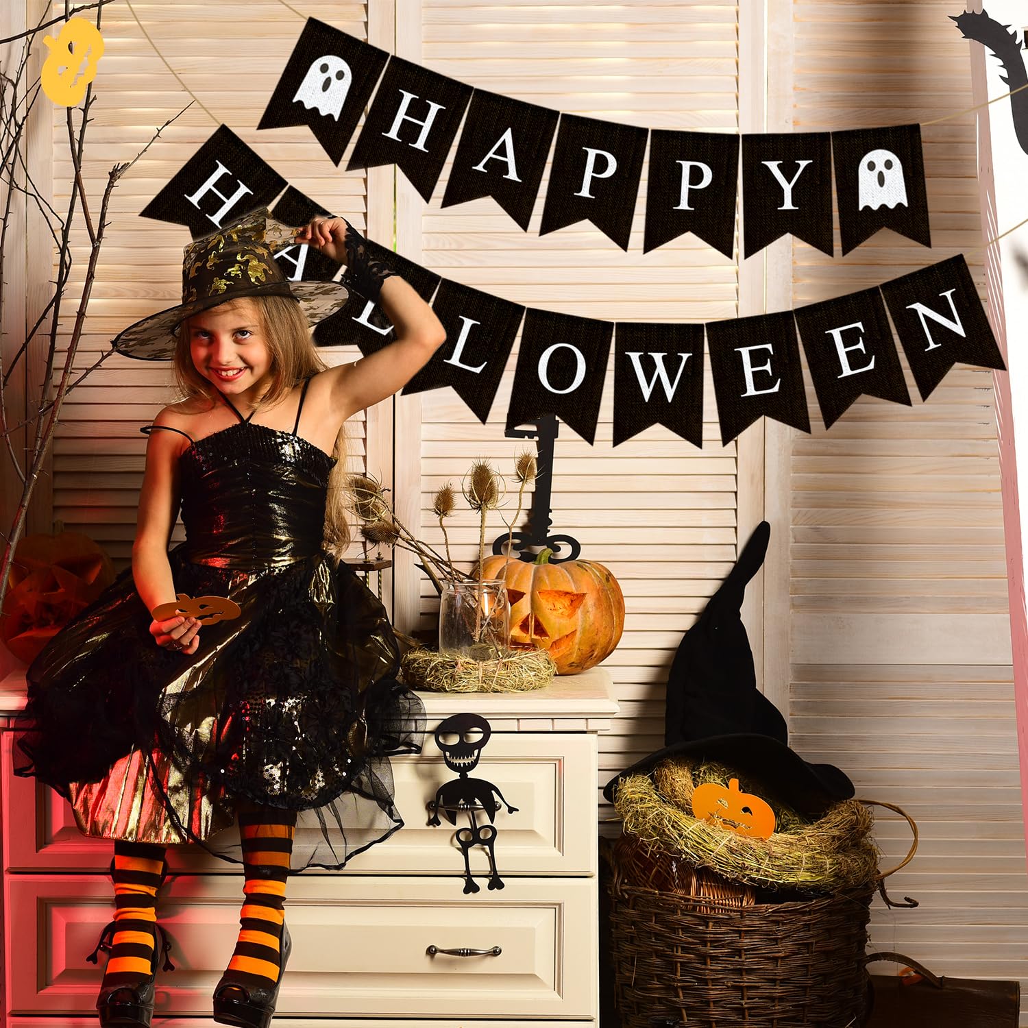 Adurself Happy Halloween Burlap Banner with Ghost Elements Halloween Black White Jute Burlap Garland Mantel Fireplace Wall Hanging for Halloween Party Decor Indoor Outdoor Decorations