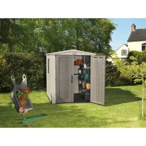 Keter 213562 Factor 6 x 6 All Weather Resistant Resin Outdoor Storage Shed 2 Shelves Included and Built-In Ventilation, Beige and Brown