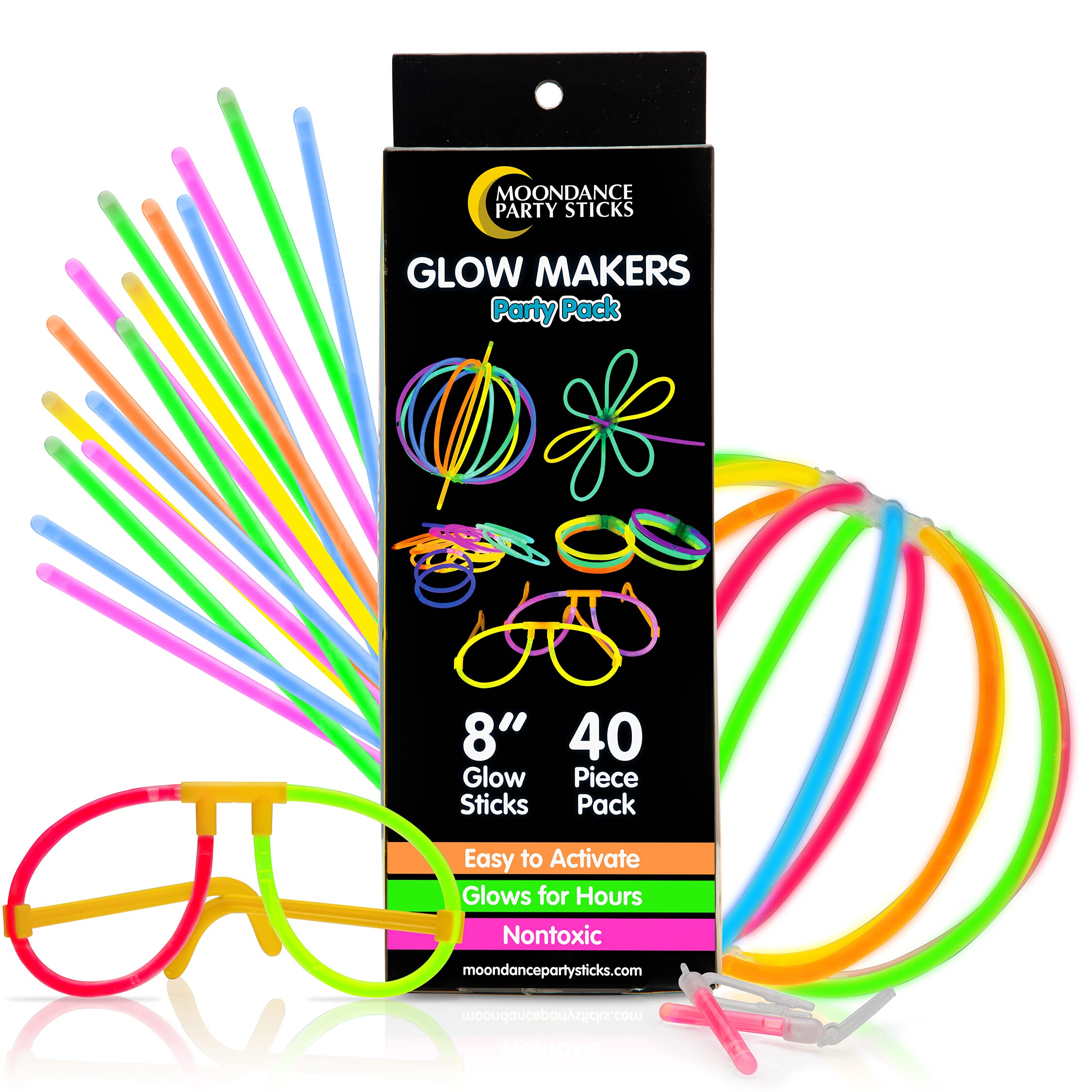 PartySticks Moondance Glow Sticks and Connectors - 40pk Glow in The Dark Party Favors with 16 Glow Sticks Party Decorations and 24 Connectors for Light Up Glasses, Glow Necklaces, Glow Bracelets