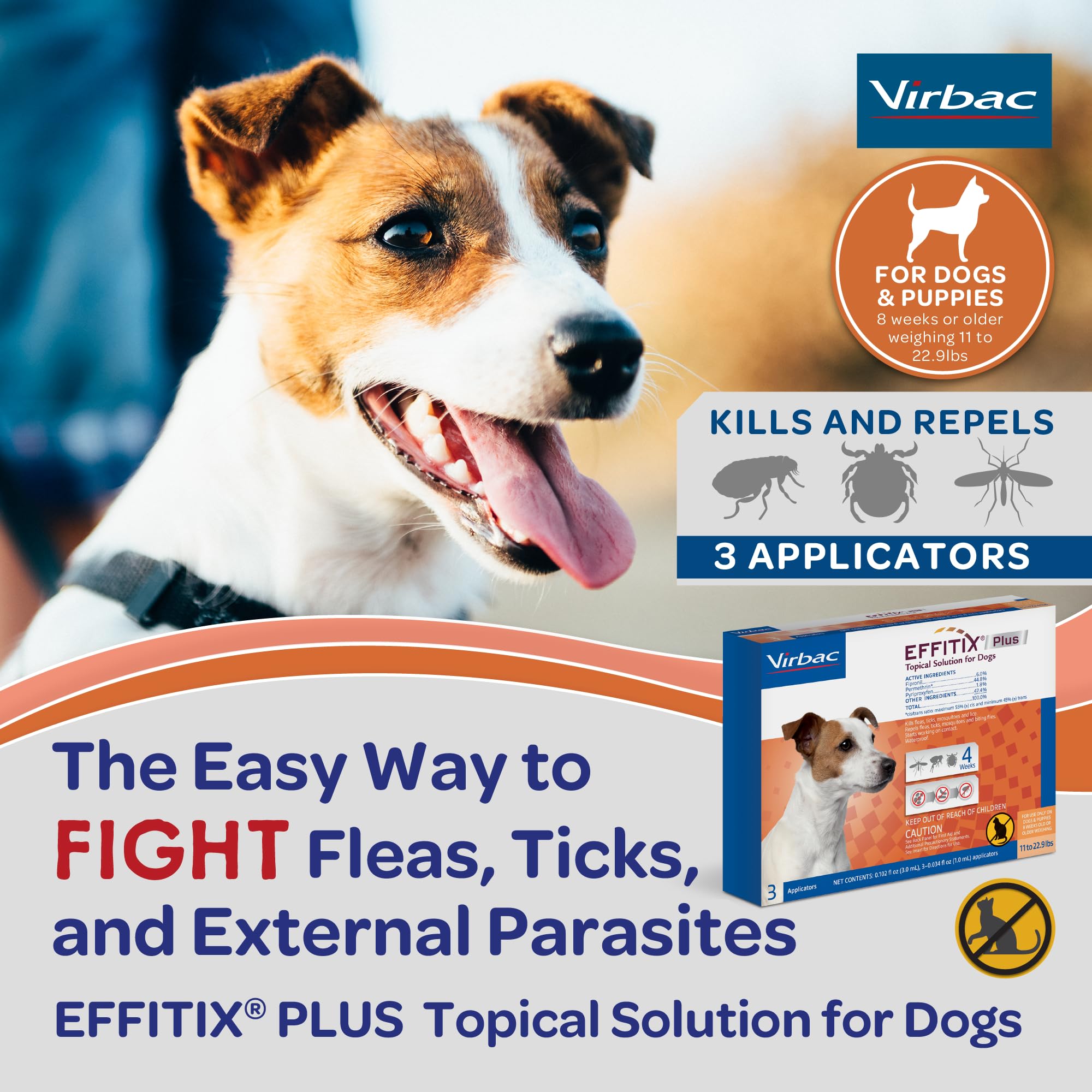 Effitix Plus Topical Solution for Dogs - Flea and Tick for Small Dogs (11-22.9lbs), 3 Doses, Waterproof Topical Prevention (by Virbac)