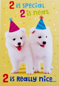 greeting card happy 2nd birthday with american eskimo puppy dogs - special wishes twice - two years old