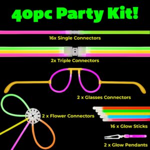 PartySticks Moondance Glow Sticks and Connectors - 40pk Glow in The Dark Party Favors with 16 Glow Sticks Party Decorations and 24 Connectors for Light Up Glasses, Glow Necklaces, Glow Bracelets