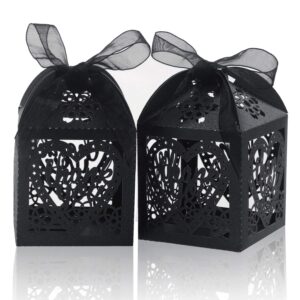 cotopher laser cut boxes, 100pcs thank you gift boxes wedding party favor boxes lace candy boxes for wedding baby shower birthday party decorations with ribbons (2x2x2.75inch, black, 100)